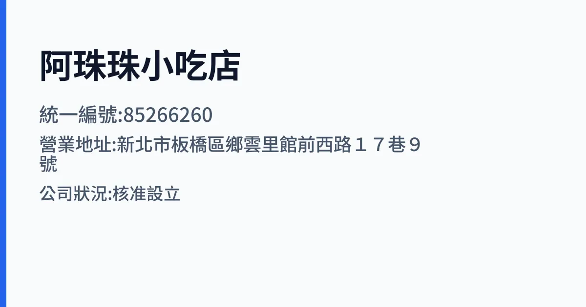 阿珠珠小吃店 - 統編 85266260(新北市) 公司登記資料與營業項目詳細圖表