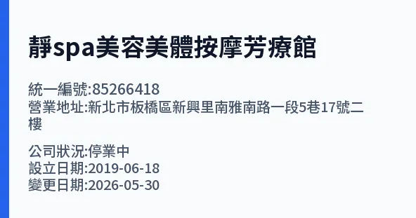 靜spa美容美體按摩芳療館的照片-統編 85266418(新北市) 公司登記資料與營業項目詳細圖表