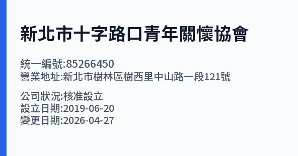 新北市十字路口青年關懷協會的照片-統編 85266450(新北市) 公司登記資料與營業項目詳細圖表
