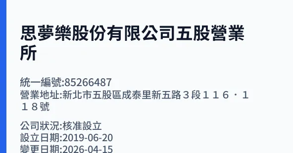 思夢樂股份有限公司五股營業所的照片-統編 85266487(新北市) 公司登記資料與營業項目詳細圖表