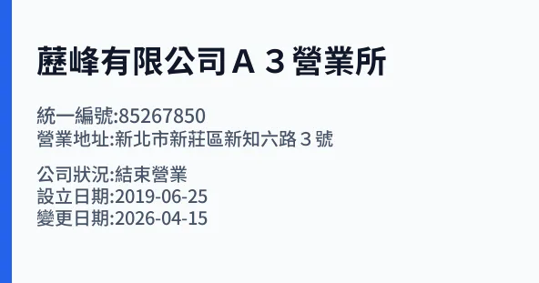 藶峰有限公司Ａ３營業所的照片-統編 85267850(新北市) 公司登記資料與營業項目詳細圖表