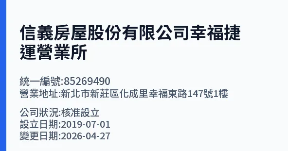 信義房屋股份有限公司幸福捷運營業所的照片-統編 85269490(新北市) 公司登記資料與營業項目詳細圖表