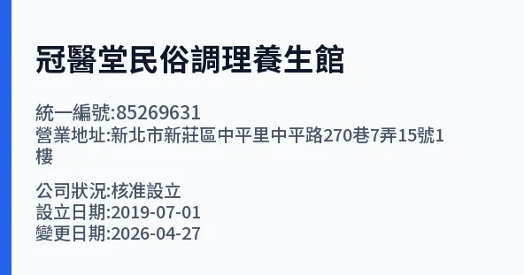 冠醫堂民俗調理養生館的照片-統編 85269631(新北市) 公司登記資料與營業項目詳細圖表