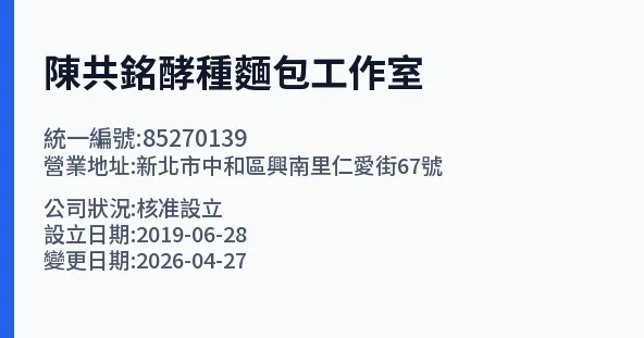 陳共銘酵種麵包工作室的照片-統編 85270139(新北市) 公司登記資料與營業項目詳細圖表