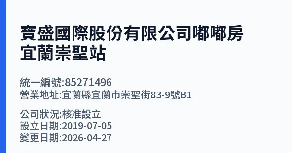 寶盛國際股份有限公司嘟嘟房宜蘭崇聖站的照片-統編 85271496(宜蘭縣) 公司登記資料與營業項目詳細圖表