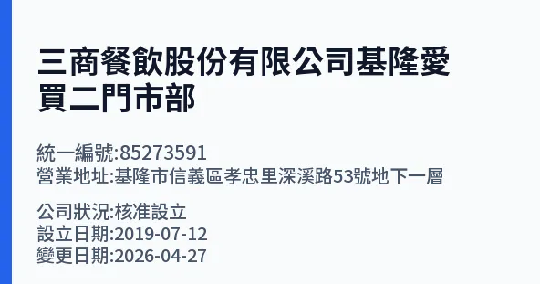 三商餐飲股份有限公司基隆愛買二門市部的照片-統編 85273591(基隆市) 公司登記資料與營業項目詳細圖表