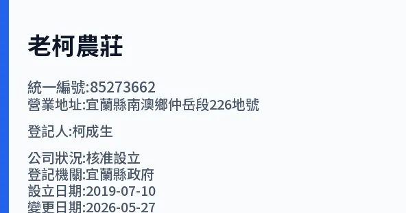老柯農莊的照片-統編 85273662(宜蘭縣) 公司登記資料與營業項目詳細圖表