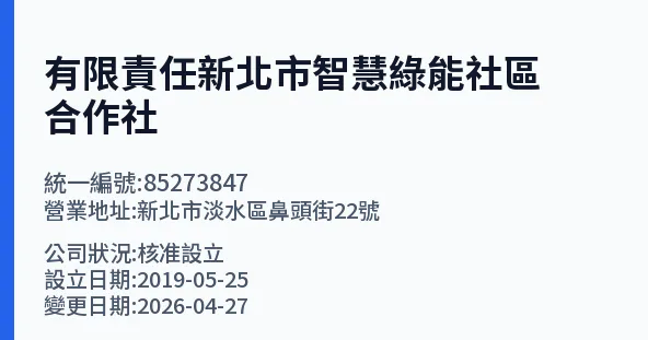 有限責任新北市智慧綠能社區合作社的照片-統編 85273847(新北市) 公司登記資料與營業項目詳細圖表