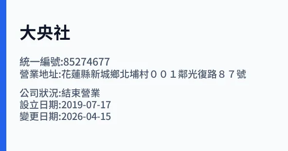 大央社的照片-統編 85274677(花蓮縣) 公司登記資料與營業項目詳細圖表