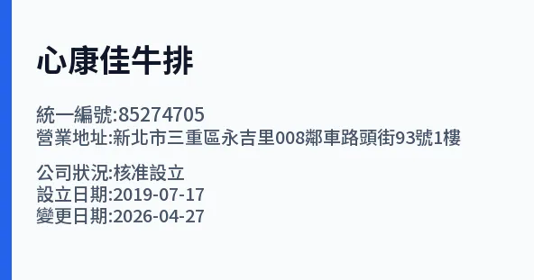 心康佳牛排的照片-統編 85274705(新北市) 公司登記資料與營業項目詳細圖表