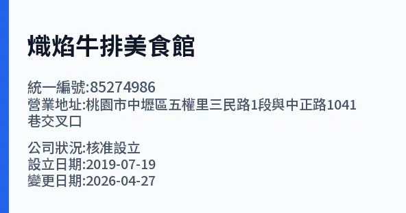 熾焰牛排美食館的照片-統編 85274986(桃園市) 公司登記資料與營業項目詳細圖表