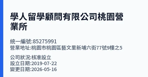 學人留學顧問有限公司桃園營業所的照片-統編 85275991(桃園市) 公司登記資料與營業項目詳細圖表