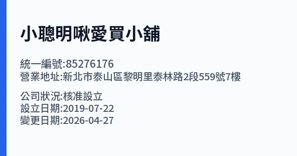 小聰明啾愛買小舖的照片-統編 85276176(新北市) 公司登記資料與營業項目詳細圖表