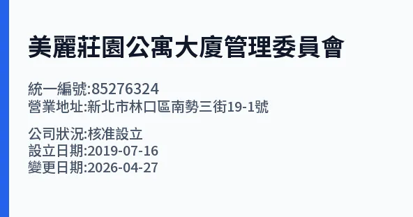 美麗莊園公寓大廈管理委員會的照片-統編 85276324(新北市) 公司登記資料與營業項目詳細圖表