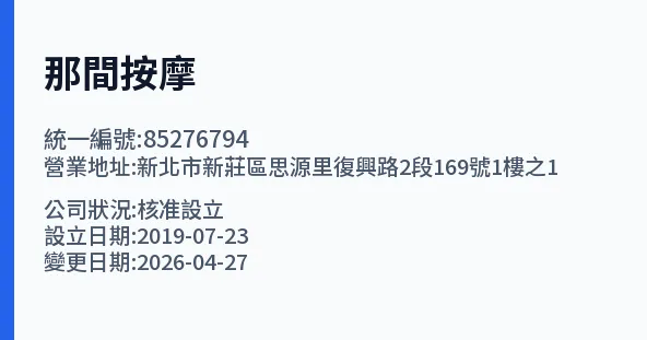 那間按摩的照片-統編 85276794(新北市) 公司登記資料與營業項目詳細圖表