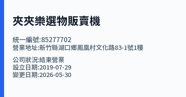 夾夾樂選物販賣機的照片-統編 85277702(新竹縣) 公司登記資料與營業項目詳細圖表