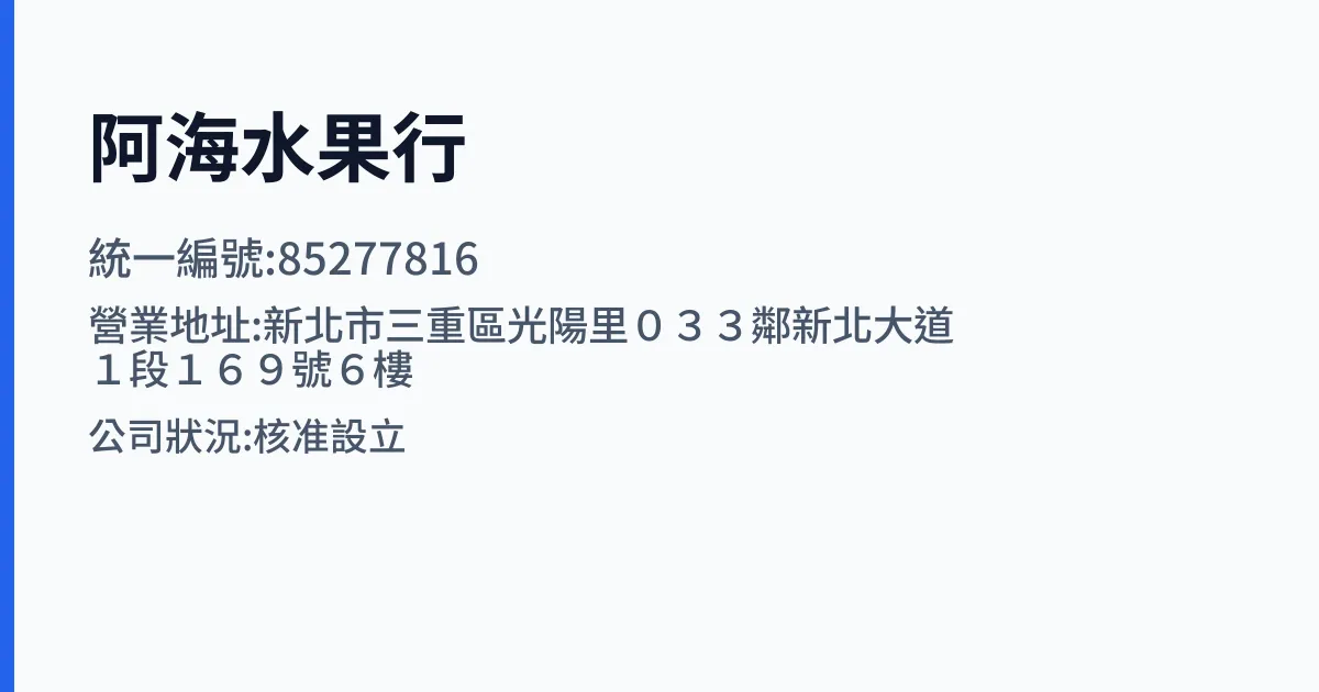 阿海水果行 - 統編 85277816(新北市) 公司登記資料與營業項目詳細圖表