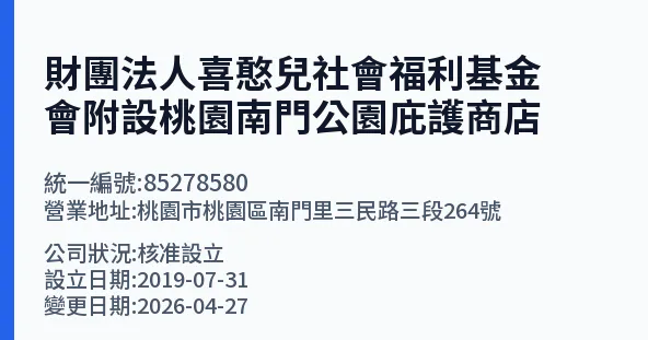 財團法人喜憨兒社會福利基金會附設桃園南門公園庇護商店的照片-統編 85278580(桃園市) 公司登記資料與營業項目詳細圖表