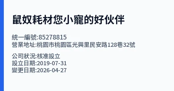 鼠奴耗材您小寵的好伙伴的照片-統編 85278815(桃園市) 公司登記資料與營業項目詳細圖表