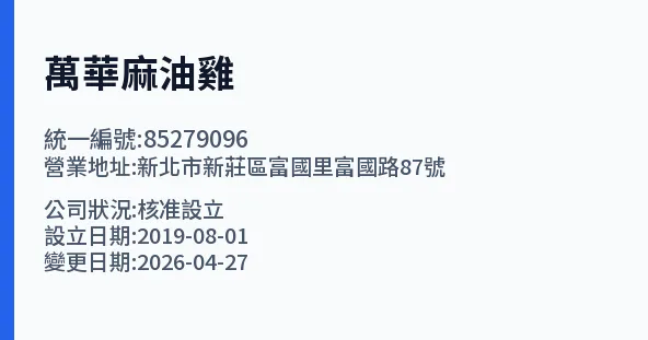 萬華麻油雞的照片-統編 85279096(新北市) 公司登記資料與營業項目詳細圖表