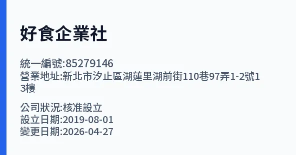 好食企業社的照片-統編 85279146(新北市) 公司登記資料與營業項目詳細圖表