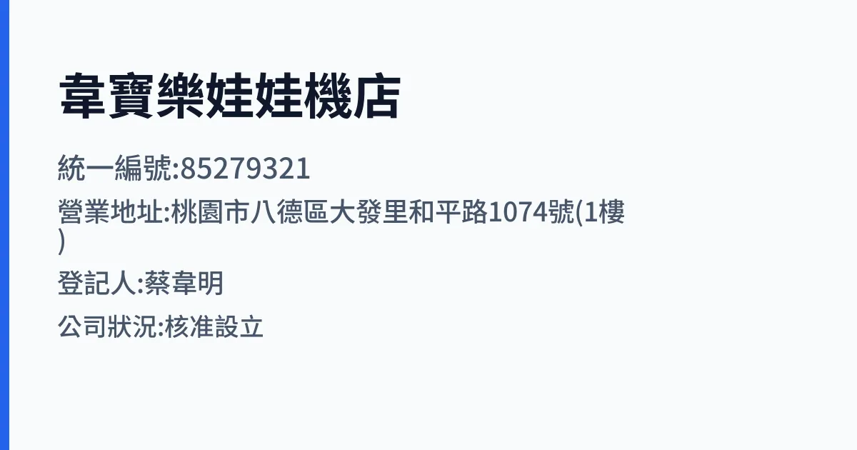 韋寶樂娃娃機店 - 統編 85279321(桃園市) 公司登記資料與營業項目詳細圖表