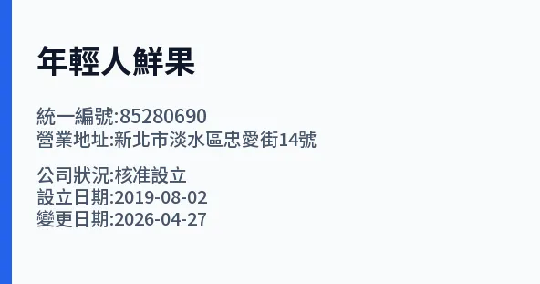 年輕人鮮果的照片-統編 85280690(新北市) 公司登記資料與營業項目詳細圖表