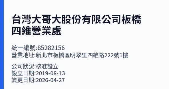 台灣大哥大股份有限公司板橋四維營業處的照片-統編 85282156(新北市) 公司登記資料與營業項目詳細圖表