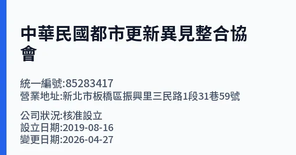 中華民國都市更新異見整合協會的照片-統編 85283417(新北市) 公司登記資料與營業項目詳細圖表