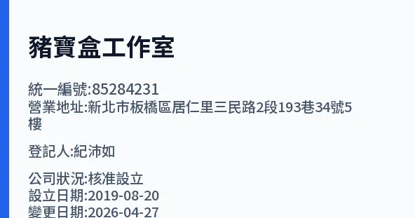 豬寶盒工作室的照片-統編 85284231(新北市) 公司登記資料與營業項目詳細圖表