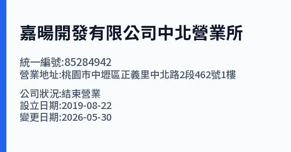 嘉暘開發有限公司中北營業所的照片-統編 85284942(桃園市) 公司登記資料與營業項目詳細圖表