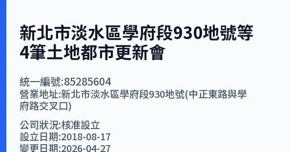 新北市淡水區學府段930地號等4筆土地都市更新會的照片-統編 85285604(新北市) 公司登記資料與營業項目詳細圖表