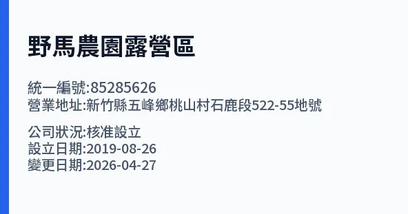 野馬農園露營區的照片-統編 85285626(新竹縣) 公司登記資料與營業項目詳細圖表