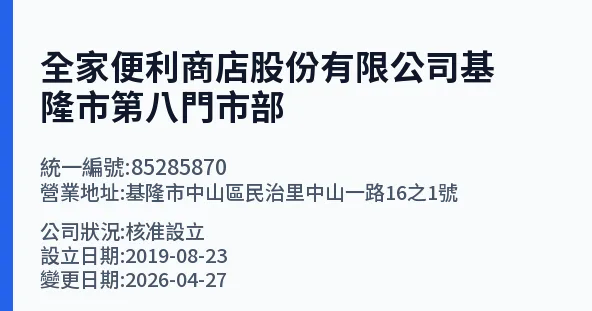 全家便利商店股份有限公司基隆市第八門市部的照片-統編 85285870(基隆市) 公司登記資料與營業項目詳細圖表