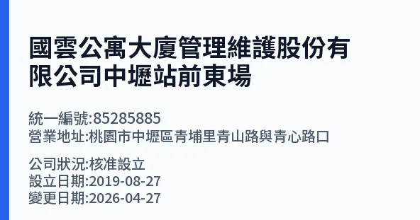 國雲公寓大廈管理維護股份有限公司中壢站前東場的照片-統編 85285885(桃園市) 公司登記資料與營業項目詳細圖表