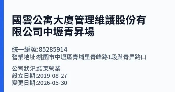 國雲公寓大廈管理維護股份有限公司中壢青昇場的照片-統編 85285914(桃園市) 公司登記資料與營業項目詳細圖表