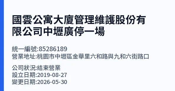 國雲公寓大廈管理維護股份有限公司中壢廣停一場的照片-統編 85286189(桃園市) 公司登記資料與營業項目詳細圖表