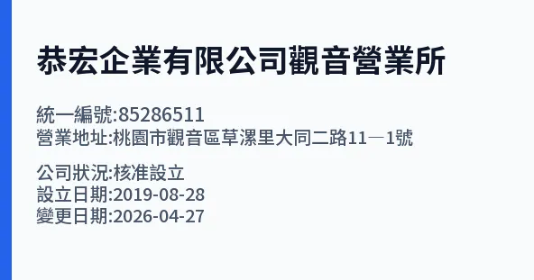 恭宏企業有限公司觀音營業所的照片-統編 85286511(桃園市) 公司登記資料與營業項目詳細圖表