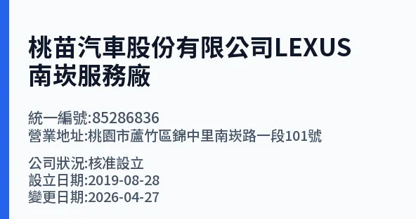桃苗汽車股份有限公司LEXUS南崁服務廠的照片-統編 85286836(桃園市) 公司登記資料與營業項目詳細圖表