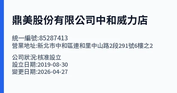 鼎美股份有限公司中和威力店的照片-統編 85287413(新北市) 公司登記資料與營業項目詳細圖表