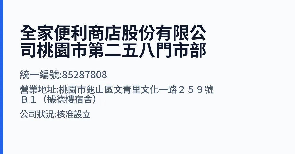 全家便利商店股份有限公司桃園市第二五八門市部 - 統編 85287808(桃園市) 公司登記資料與營業項目詳細圖表