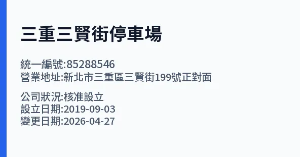 三重三賢街停車場的照片-統編 85288546(新北市) 公司登記資料與營業項目詳細圖表