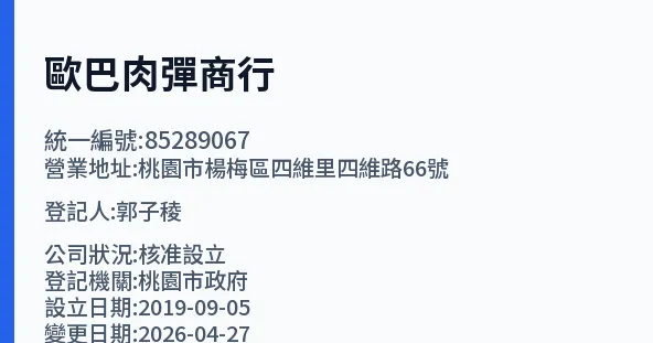 歐巴肉彈商行的照片-統編 85289067(桃園市) 公司登記資料與營業項目詳細圖表