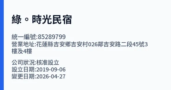 綠。時光民宿的照片-統編 85289799(花蓮縣) 公司登記資料與營業項目詳細圖表