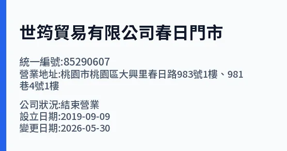 世筠貿易有限公司春日門市的照片-統編 85290607(桃園市) 公司登記資料與營業項目詳細圖表