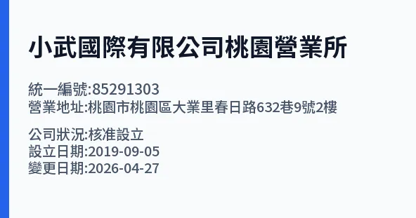 小武國際有限公司桃園營業所的照片-統編 85291303(桃園市) 公司登記資料與營業項目詳細圖表