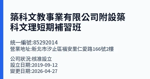 築科文教事業有限公司附設築科文理短期補習班的照片-統編 85292014(新北市) 公司登記資料與營業項目詳細圖表
