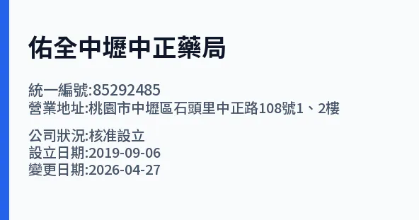 佑全中壢中正藥局的照片-統編 85292485(桃園市) 公司登記資料與營業項目詳細圖表