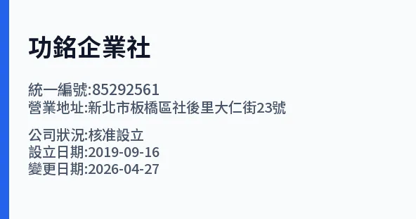 功銘企業社的照片-統編 85292561(新北市) 公司登記資料與營業項目詳細圖表
