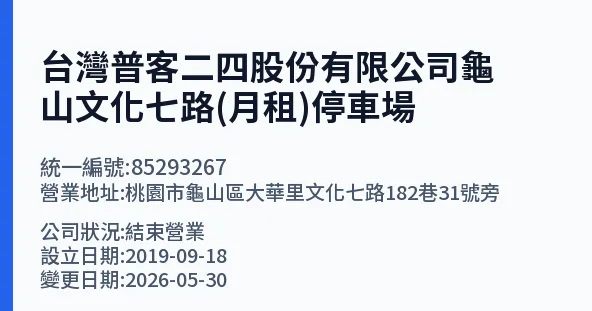 台灣普客二四股份有限公司龜山文化七路(月租)停車場的照片-統編 85293267(桃園市) 公司登記資料與營業項目詳細圖表